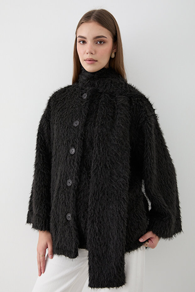 JASTE Kadın Siyah Peluş Şal Yaka Oversize Hırka - Fiyatı, Yorumları