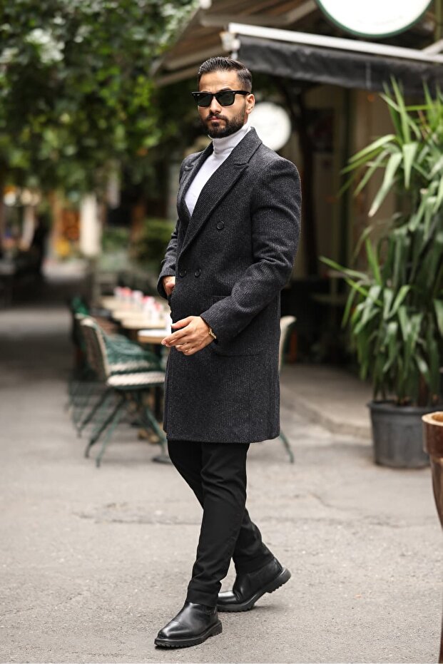 Endap Erkek Torba Cep Detaylı Desenli Siyah-Antrasit Erkek Kaşe Kaban ...