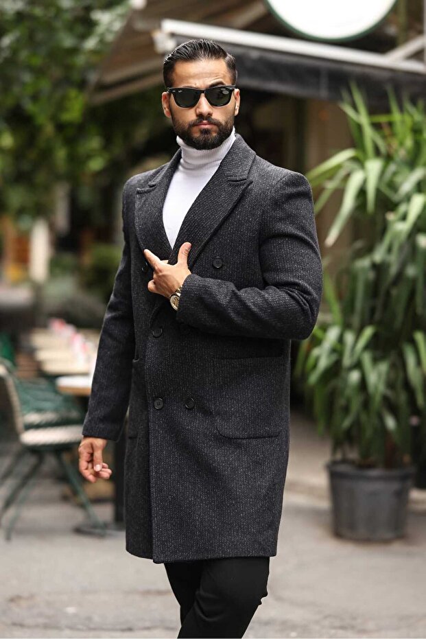 Endap Erkek Torba Cep Detaylı Desenli Siyah-Antrasit Erkek Kaşe Kaban ...