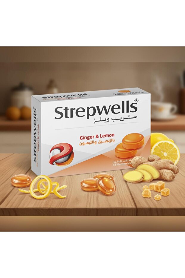STREPWELLS Ginger & Lemon - 24 LOZENGES ستريب ويلز حلوي استحلاب ليمون ...