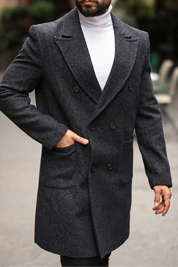 Endap Erkek Torba Cep Detaylı Desenli Siyah-Antrasit Erkek Kaşe Kaban ...