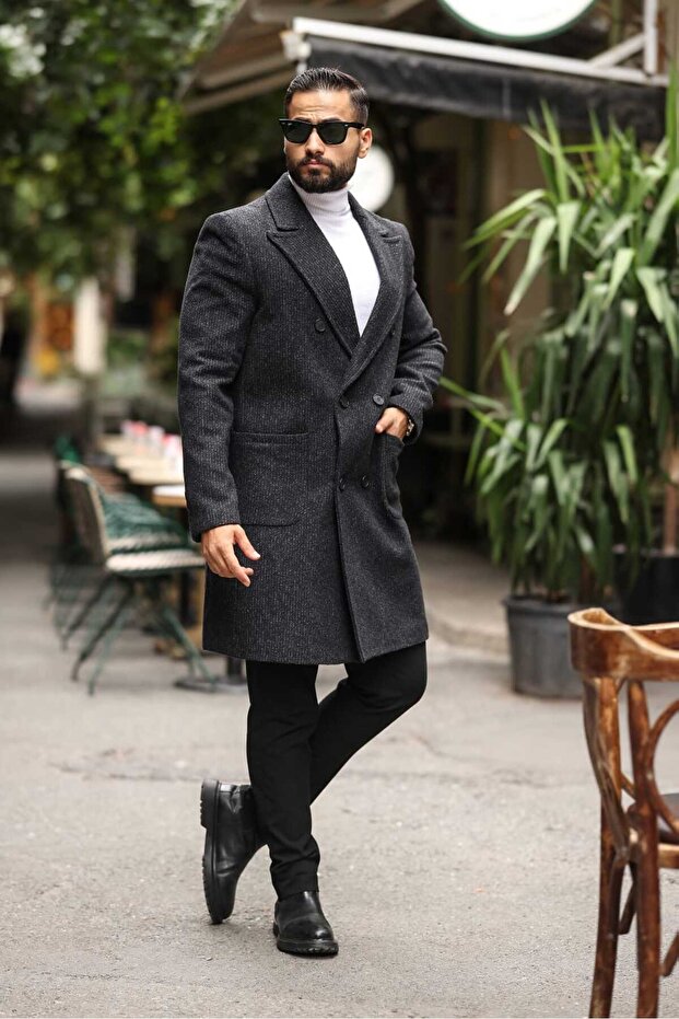 Endap Erkek Torba Cep Detaylı Desenli Siyah-Antrasit Erkek Kaşe Kaban ...