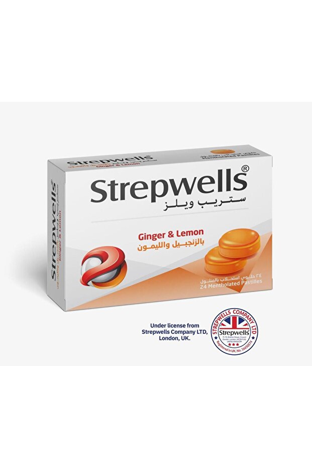 STREPWELLS Ginger & Lemon - 24 LOZENGES ستريب ويلز حلوي استحلاب ليمون ...