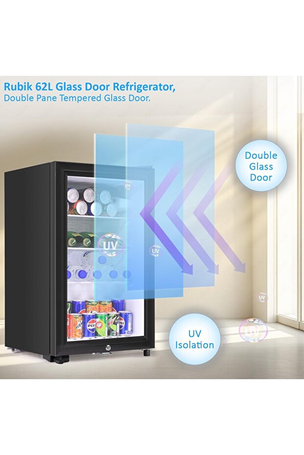 RUBIK 62L Compact Fridge Glass Door with Key Lock, Compressor Cooling ...