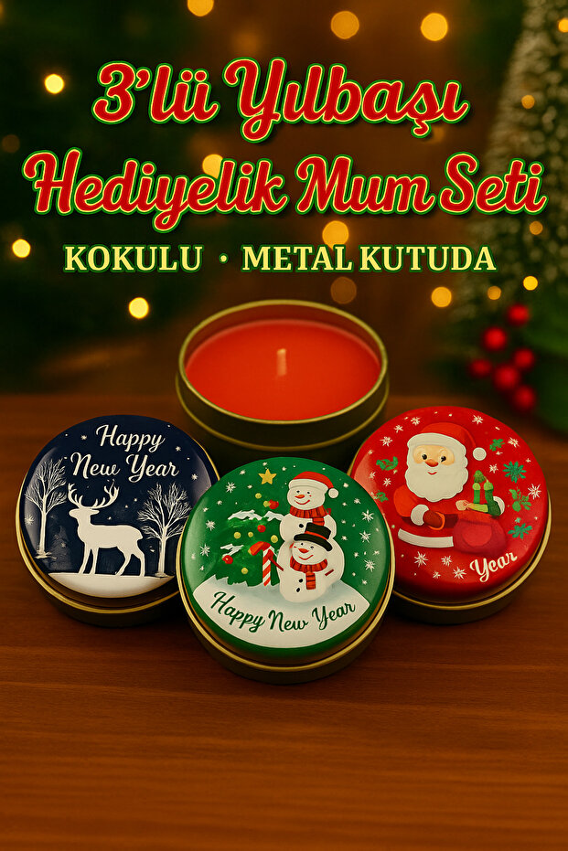 Misse Yılbaşı Noel Temalı 3 Adet Metal Teneke Kutulu Hediyelik Mum ...
