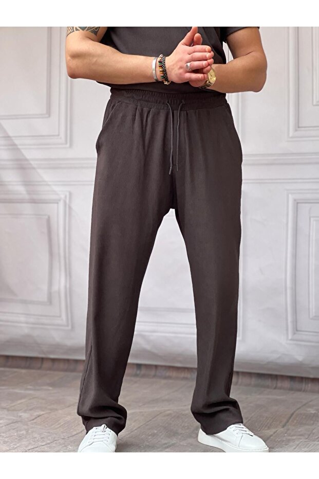 MODEFENDİ Erkek Antrasit Beli Lastikli Bağcıklı İnce Fitil Desen Jogger ...
