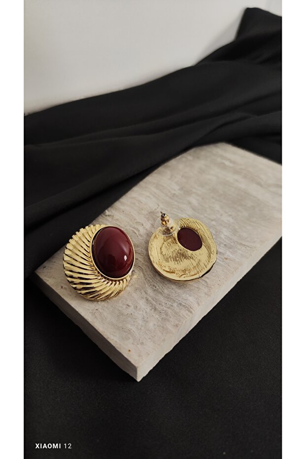 Desire Yelpaze Model Gold ve Bordo Renk Detaylı Küpe - Fiyatı, Yorumları