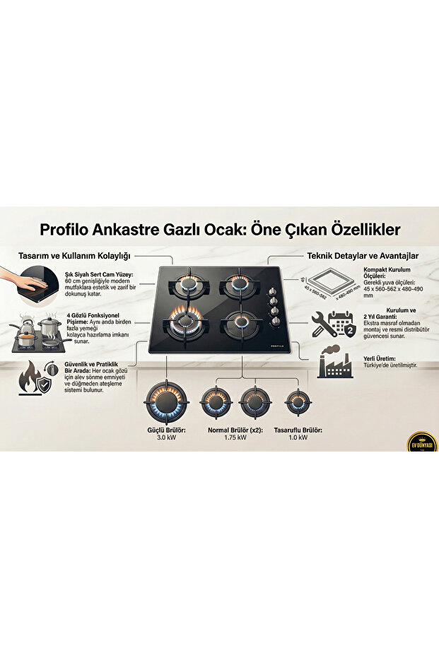 Profilo Ankastre Ocak 60 cm Sert cam, Siyah - Fiyatı, Yorumları