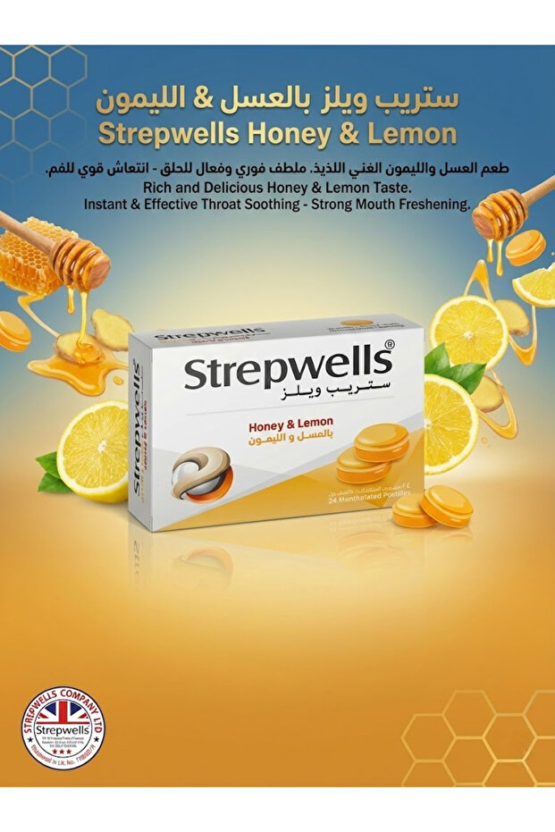 STREPWELLS Lemon & Honey 24 Mentholated Pastilles Strip Wells Honey ...