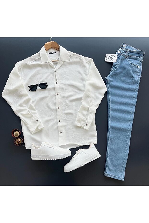 giyimadam16 Men's Crinkle Linen Shirt Stretch Fabric Jeans Set 2-Piece ...