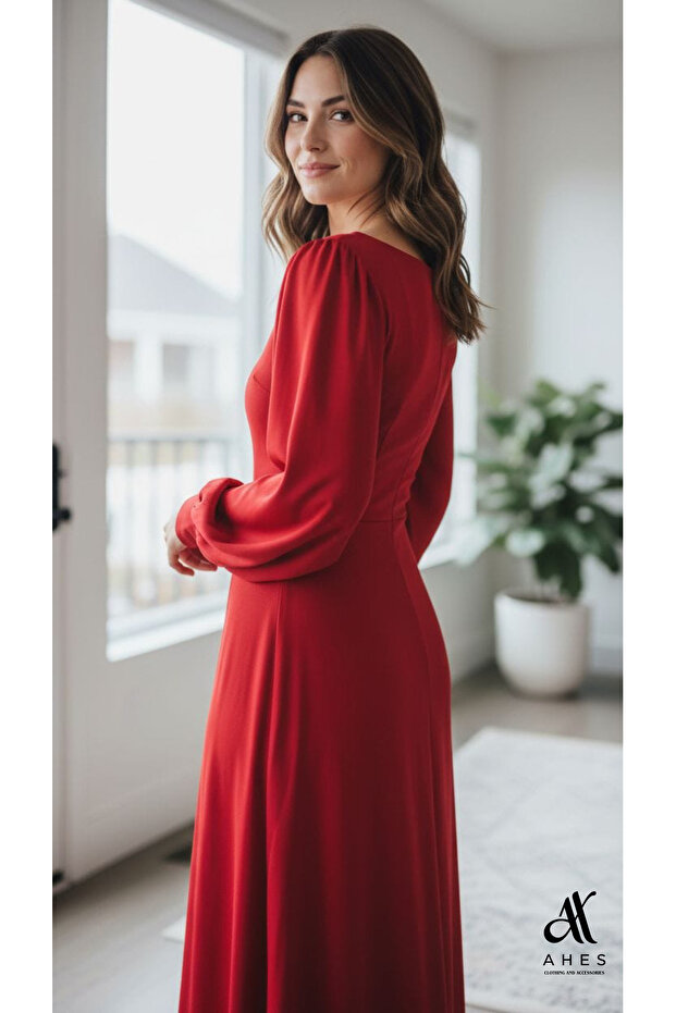 AHES KADIN V YAKA UZUN BALON KOL FİT KALIP KIRMIZI ABİYE ELBİSE ...