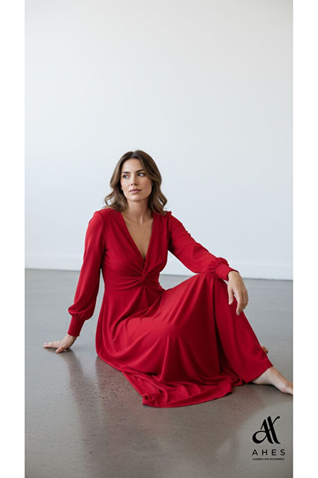 AHES KADIN V YAKA UZUN BALON KOL FİT KALIP KIRMIZI ABİYE ELBİSE ...
