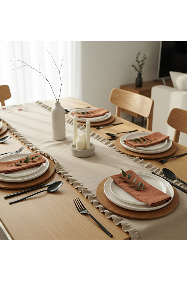 Nevvera Home Fırfırlı Nakışlı Masa Runnerı 50x150 cm Modern Country Şık ...