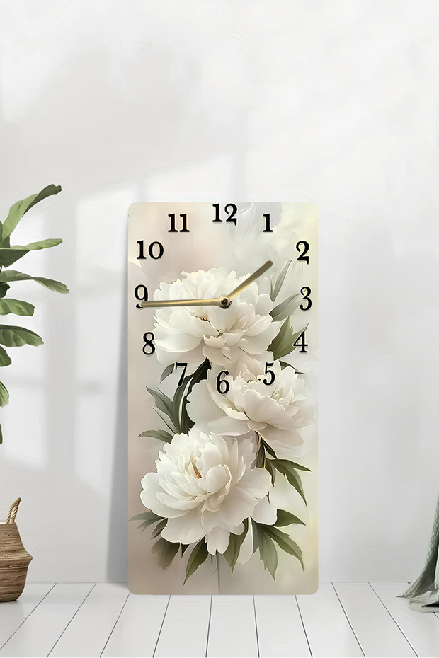 kutuTR 3D Görünümlü 2D UV Baskı MDF Tablo Saat – Beyaz Şakayık Çiçek ...