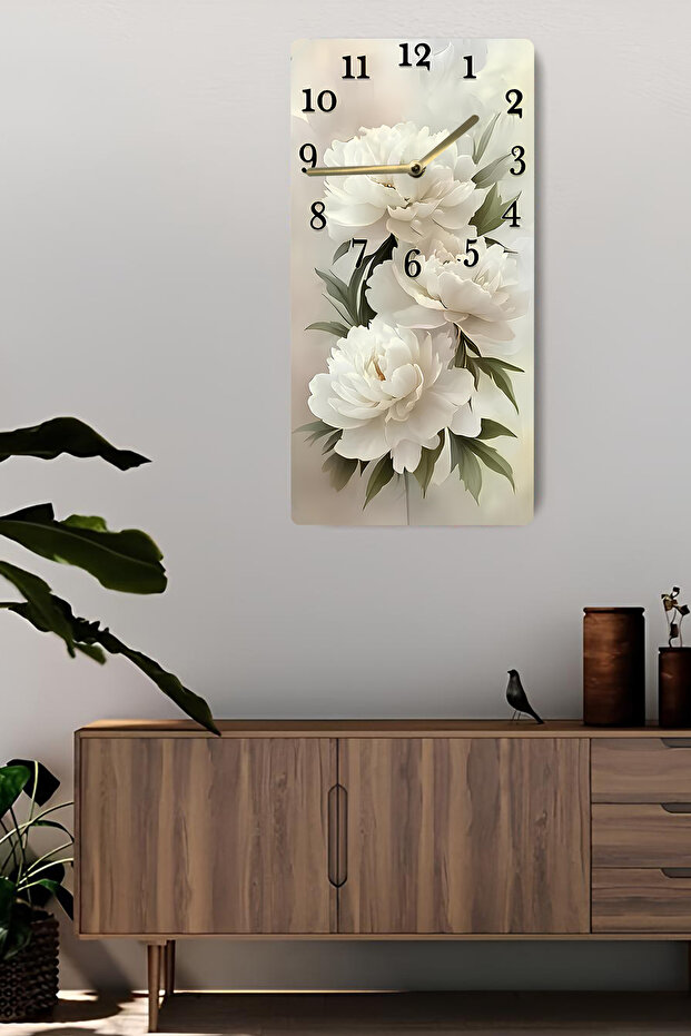 kutuTR 3D Görünümlü 2D UV Baskı MDF Tablo Saat – Beyaz Şakayık Çiçek ...