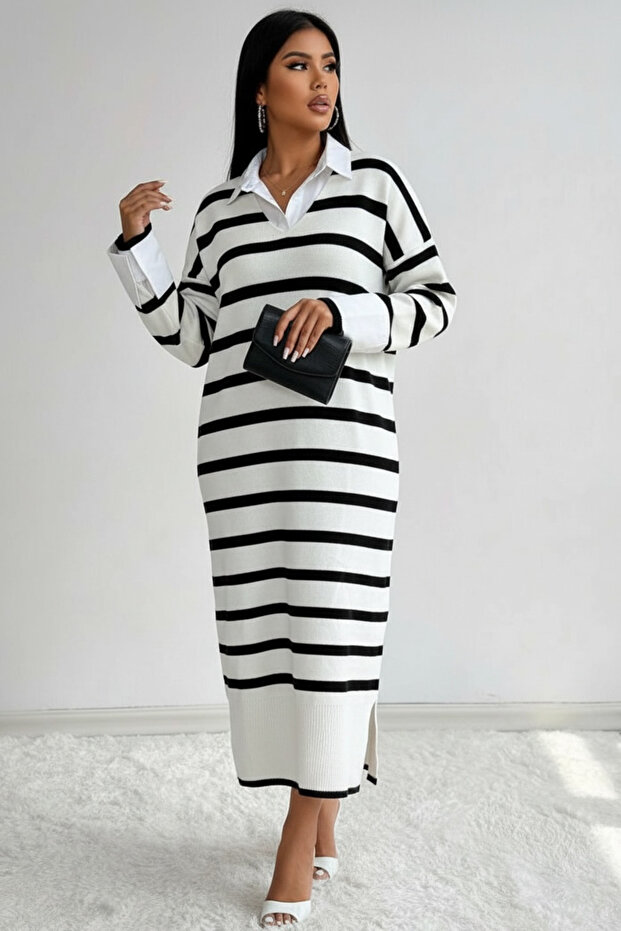 NEWCO Striped Dress V-Neck, Soft Texture, Stylish Basic Model - Ecru ...