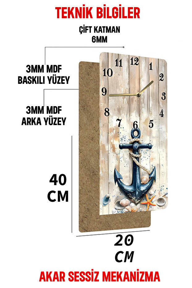 kutuTR 3D Görünümlü 2D UV Baskı MDF Tablo Saat 20x40 cm – Deniz Çapası ...