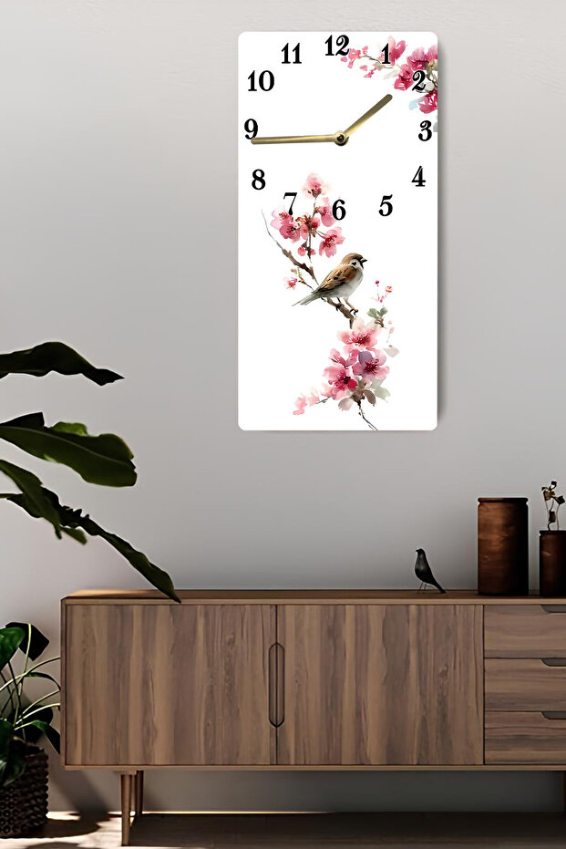 kutuTR 3D Görünümlü 2D UV Baskı MDF Tablo Saat – Çiçek Dalında Kuş Ve ...