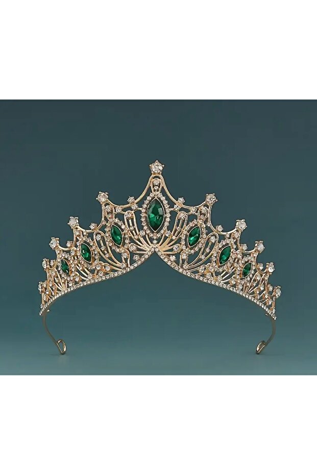 FDY Zümrüt Yeşili Taşlı Kraliçe Model Gelin Tacı – Altın Kaplama Lüks ...