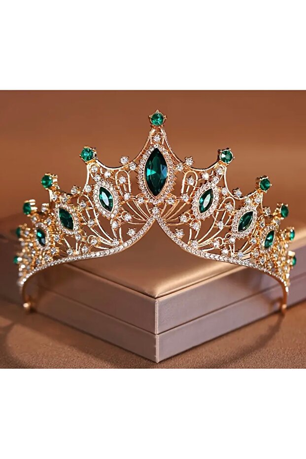 FDY Zümrüt Yeşili Taşlı Kraliçe Model Gelin Tacı – Altın Kaplama Lüks ...