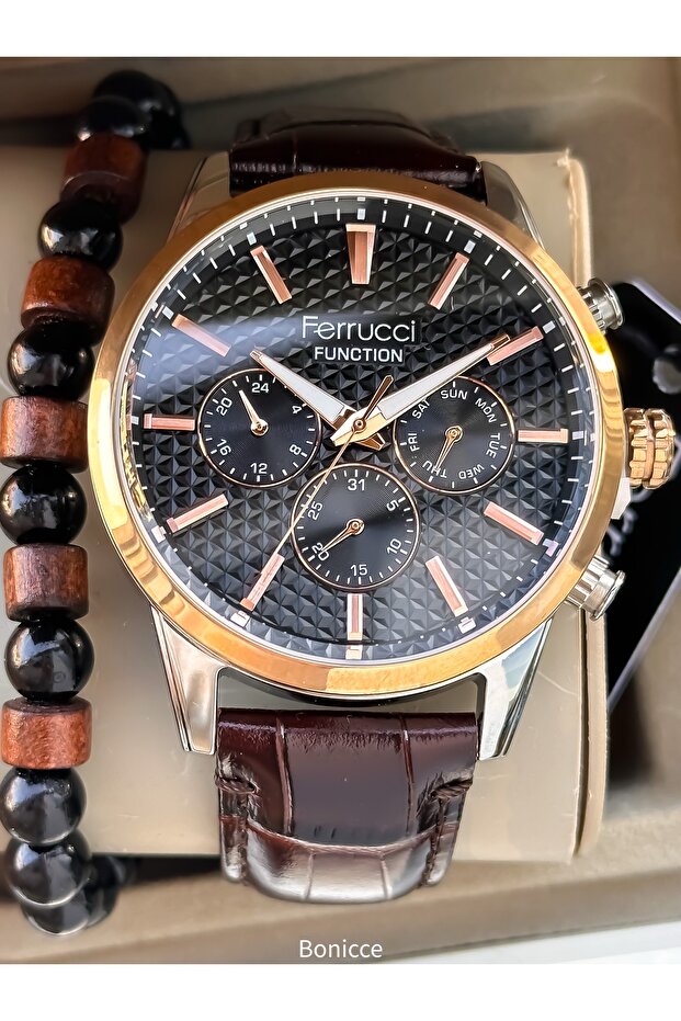 Ferrucci Men's Watch Leather Strap Brown Function, Prayer Beads ...