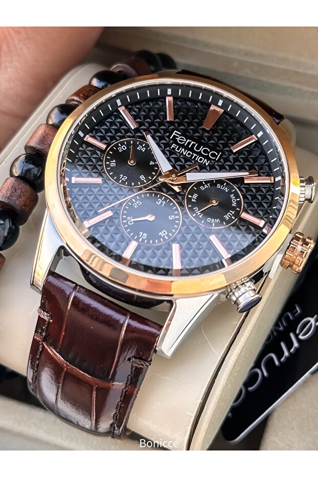 Ferrucci Men's Watch Leather Strap Brown Function, Prayer Beads ...