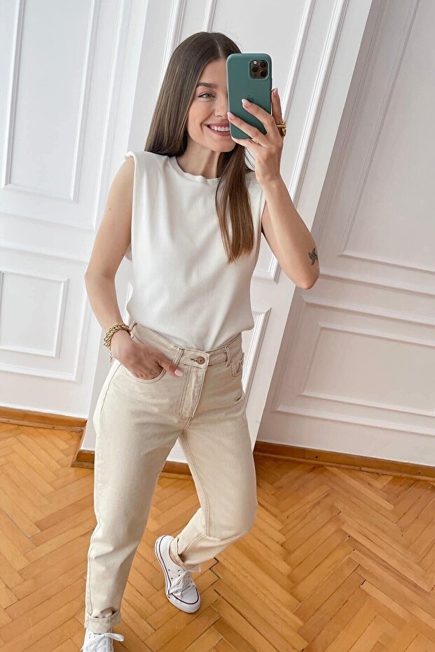 JAXEN NS-58222 Mr High Waist ελαστικό ύφασμα Ecru Mom Jeans Ελαστικό ...