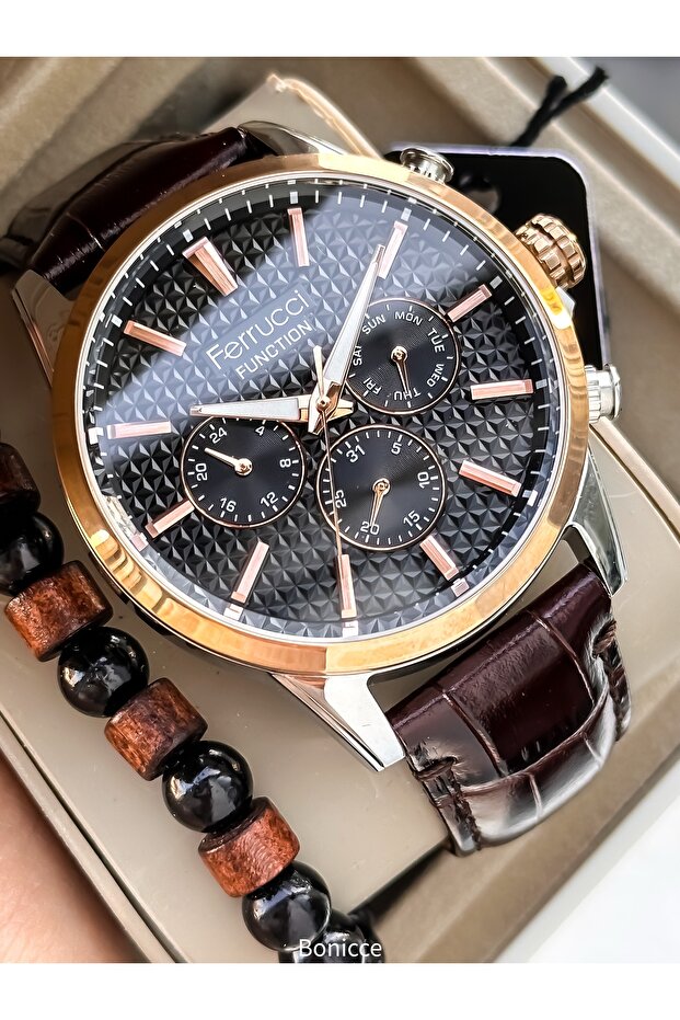 Ferrucci Men's Watch Leather Strap Brown Function, Prayer Beads ...