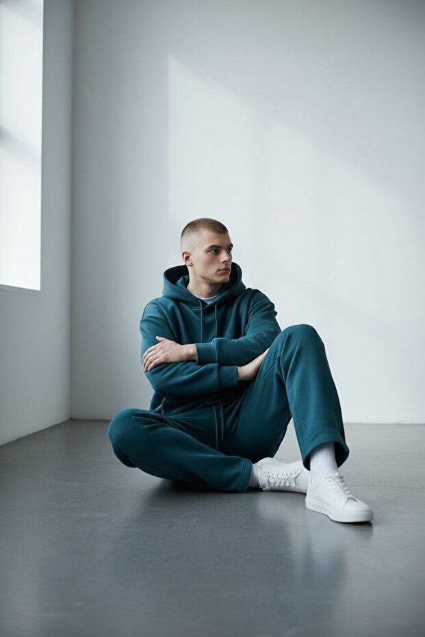 RASCHA Men's Petrol Blue Hooded Oversized Tracksuit Set- Trendyol