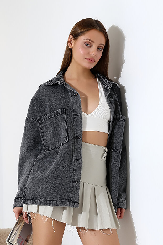 BLUE NATIONAL JEANS Yeni Sezon Oversize Denim Ceket Gömlek Siyah Kar ...