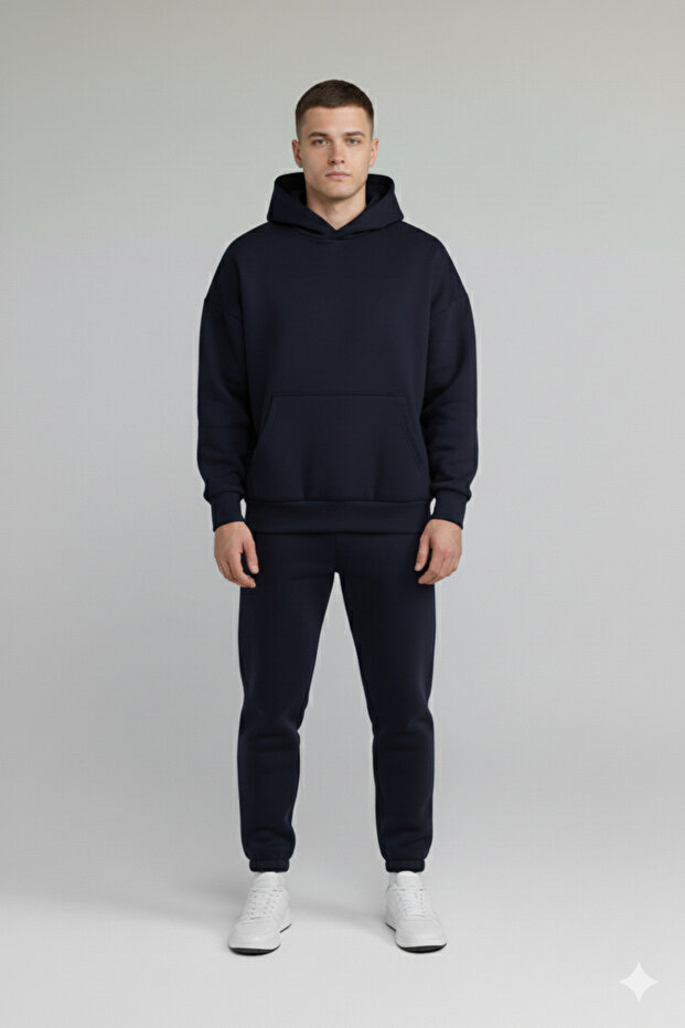 RABTEKS Men's Navy Blue Oversized Hooded Tracksuit Set with Fleece ...