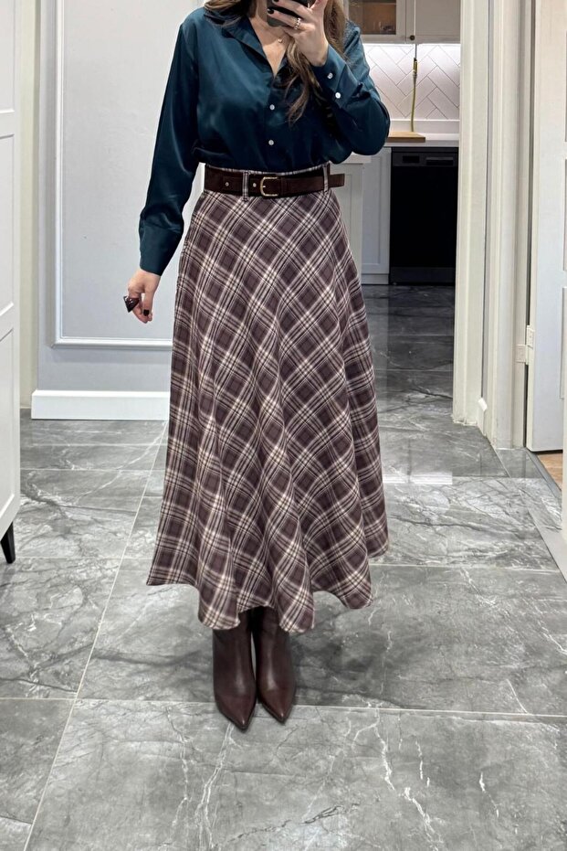 Banu Angay Ekose Kemerli Etek Kahve-Siyah - Fiyatı, Yorumları