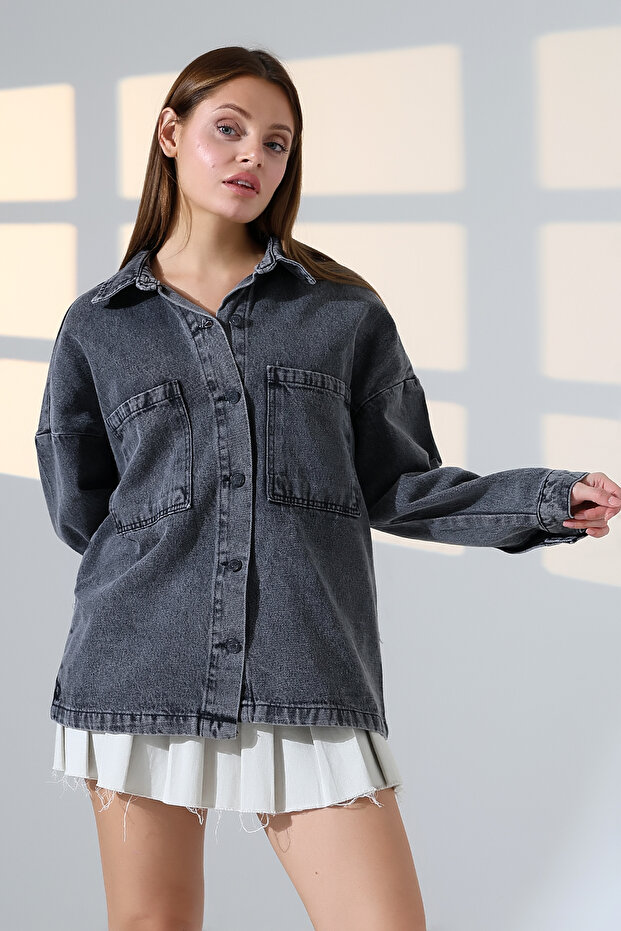 BLUE NATIONAL JEANS Yeni Sezon Oversize Denim Ceket Gömlek Siyah Kar ...