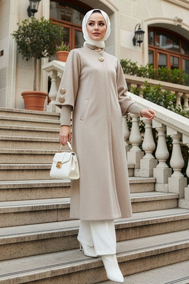 N.S NEVA STYLE Düğme Detaylı Bej Tesettür Kaşe Kap 62541BEJ - Fiyatı ...