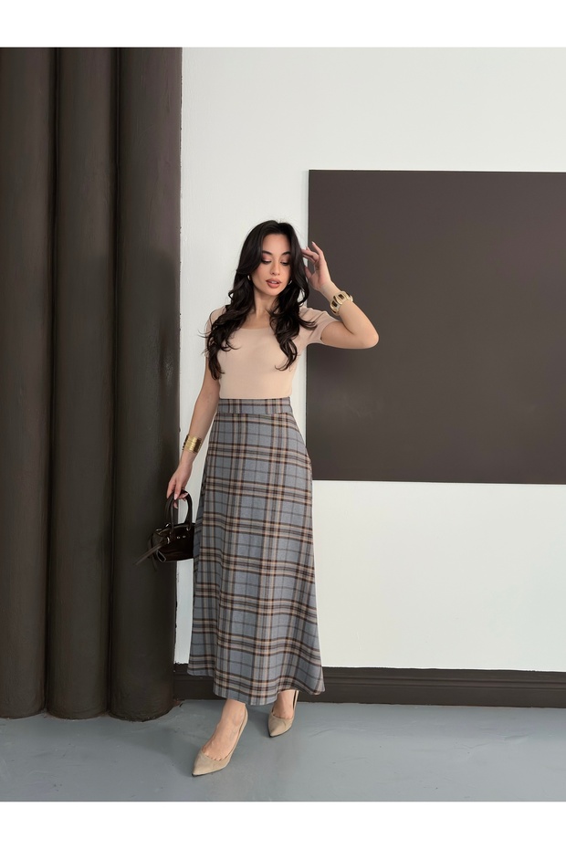 Nazline Volanlı Ekose A-Form Midi Etek - Fiyatı, Yorumları