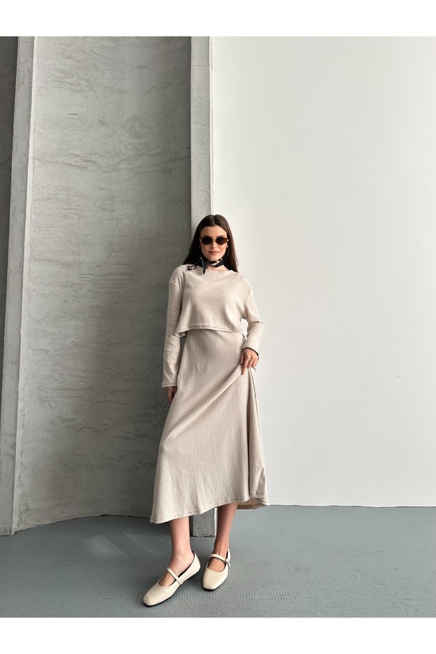 eyyebelle Women's Brushed Dress and Crop Blouse Two-Piece Set- Trendyol