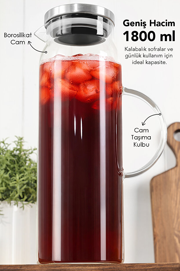 Meleni Home 1,8 Litre Borosilikat Cam Sürahi - Contalı Paslanmaz Çelik ...