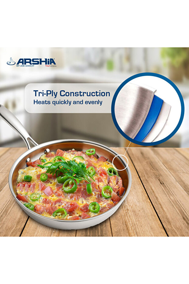 Arshia 24cm Tri-Ply Stainless Steel Fry Pan – Premium 18/10 Steel, Even ...