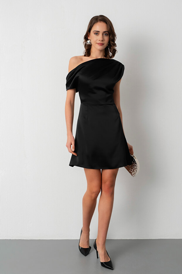 Lafaba Rochie de seară neagră decolteu larg mini din satin pentru femei ...
