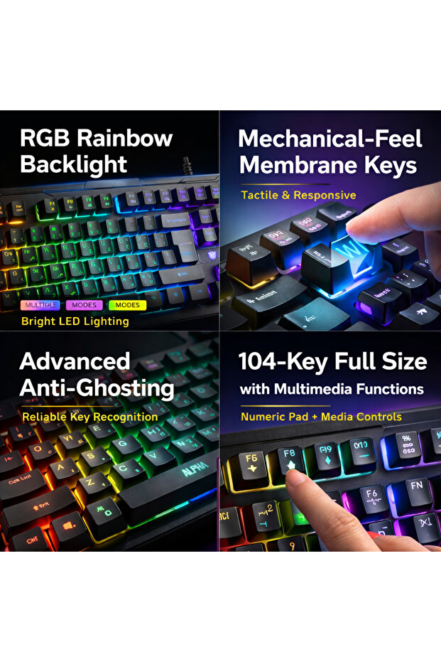 ASA ALPHA RGB Gaming Keyboard, Full-Size Wired Membrane Keyboard with ...