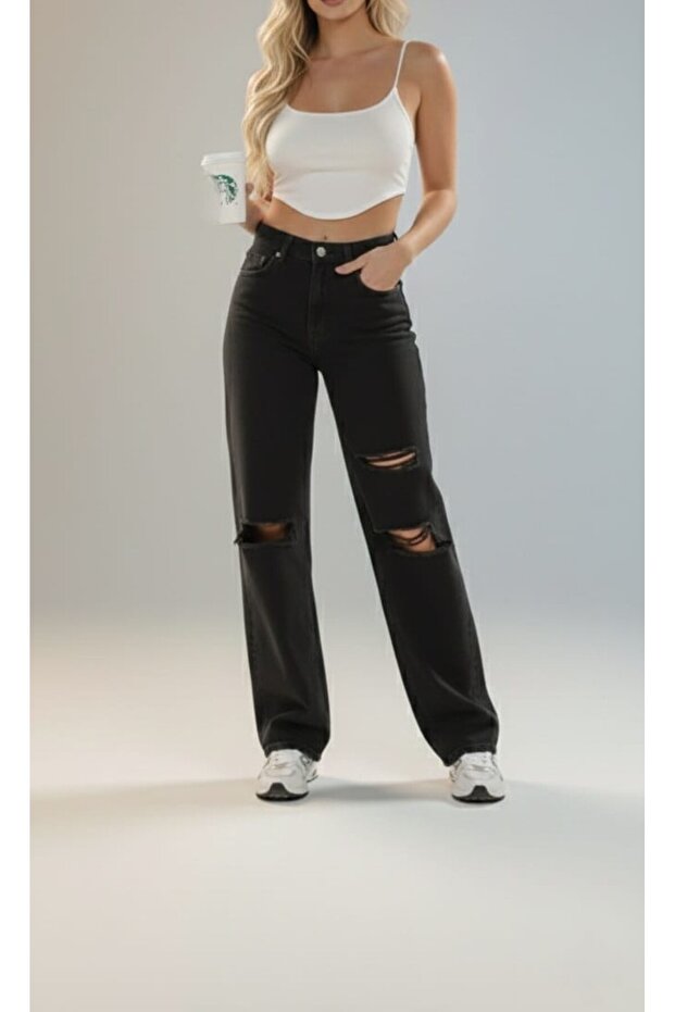 NWC Lina 90's ελαστικό ύφασμα Σκισμένο φαρδύ γυναικείο μαύρο τζιν ...