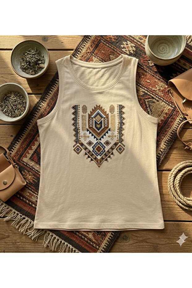 BW Bravely Wear ETNİK DESEN Baskılı Kadın Omuzu Açık Askılı Bej T-shirt ...