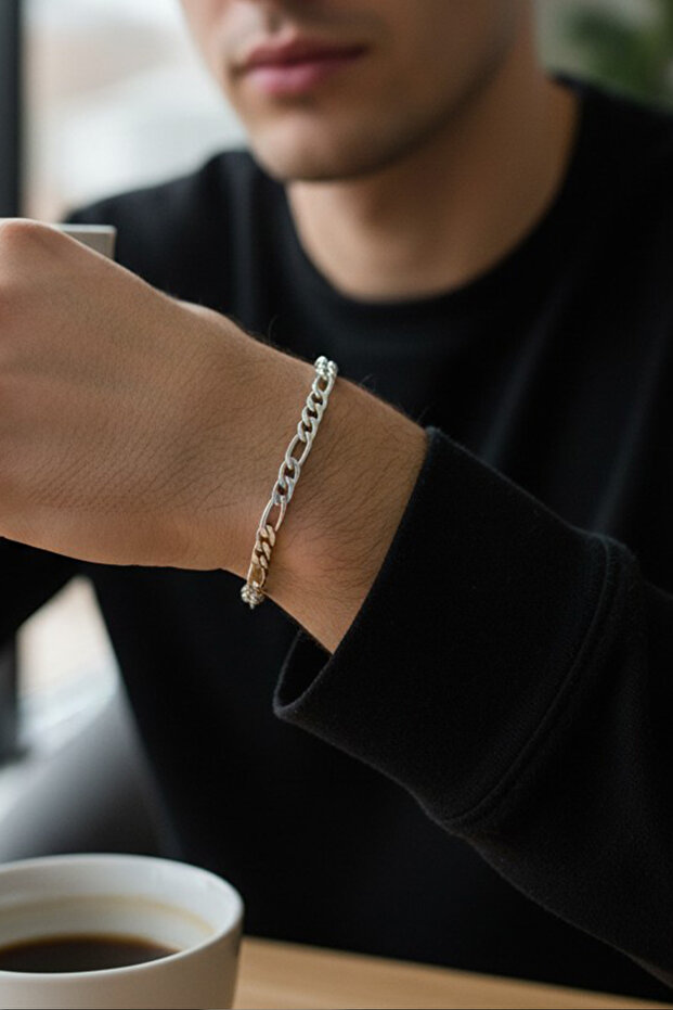 Sose Moda Figaro Model Erkek Çelik Bileklik – Gümüş Renk, 4 mm Klasik ...