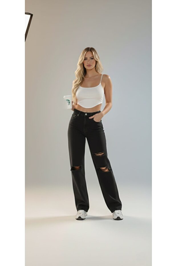 NWC Lina 90's ελαστικό ύφασμα Σκισμένο φαρδύ γυναικείο μαύρο τζιν ...