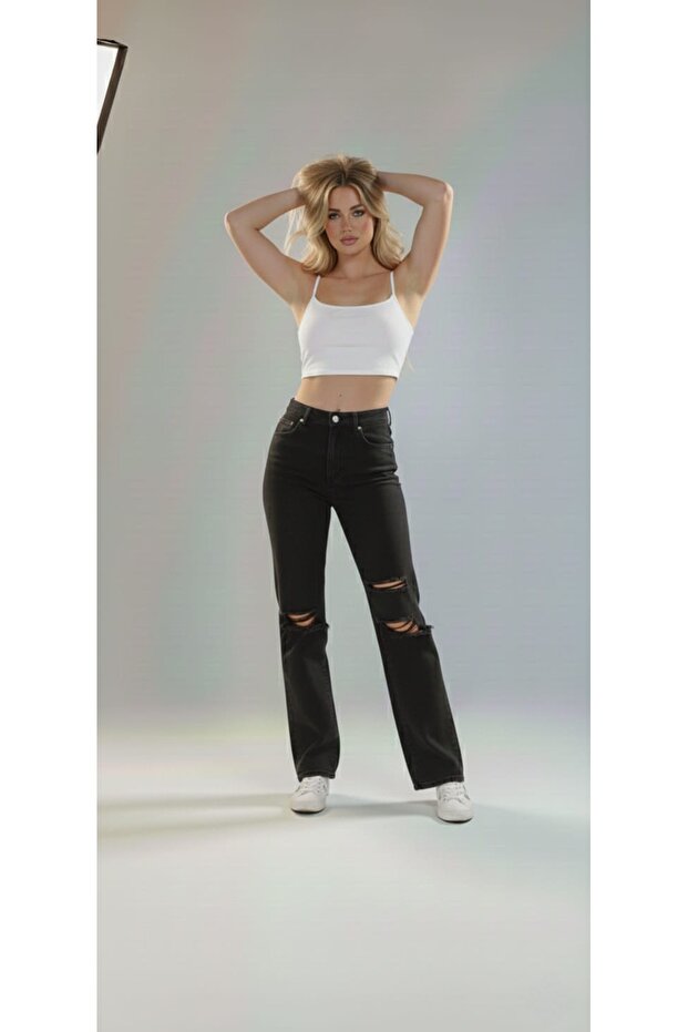 NWC Lina 90's ελαστικό ύφασμα Σκισμένο φαρδύ γυναικείο μαύρο τζιν ...