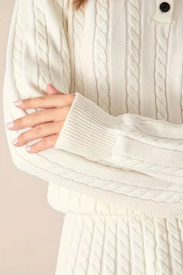 MODAMERSİ Women's Cream Polo Neck Striped Detail Skirt Sweater Double ...