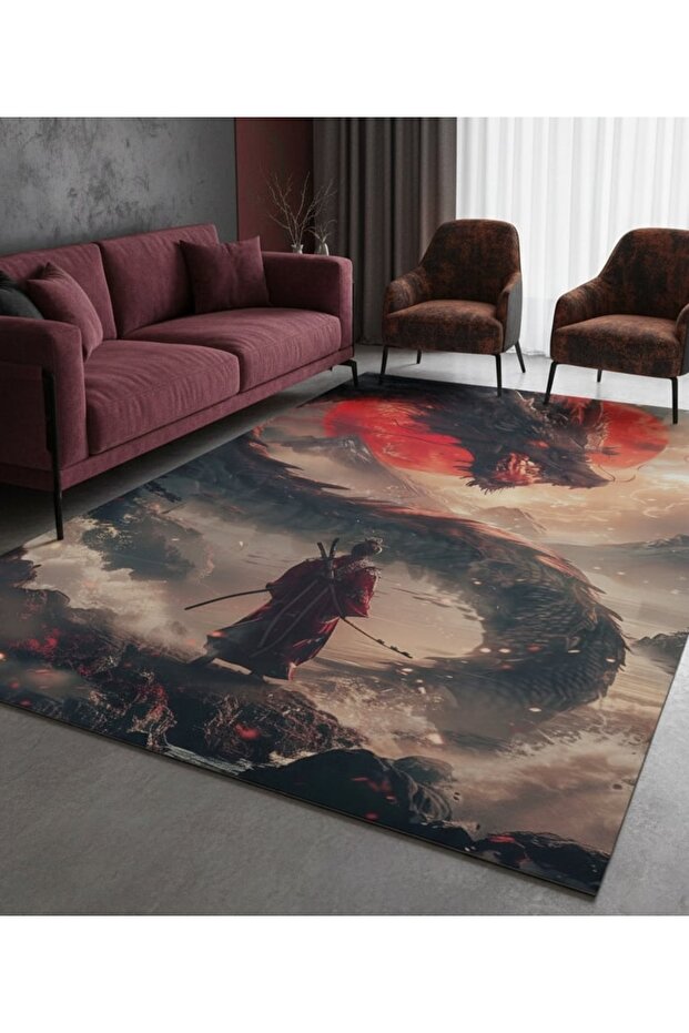 SSC Dekor Ejderha Desenli Halı - Dijital Baskılı Yıkanabilir Kaydırmaz ...