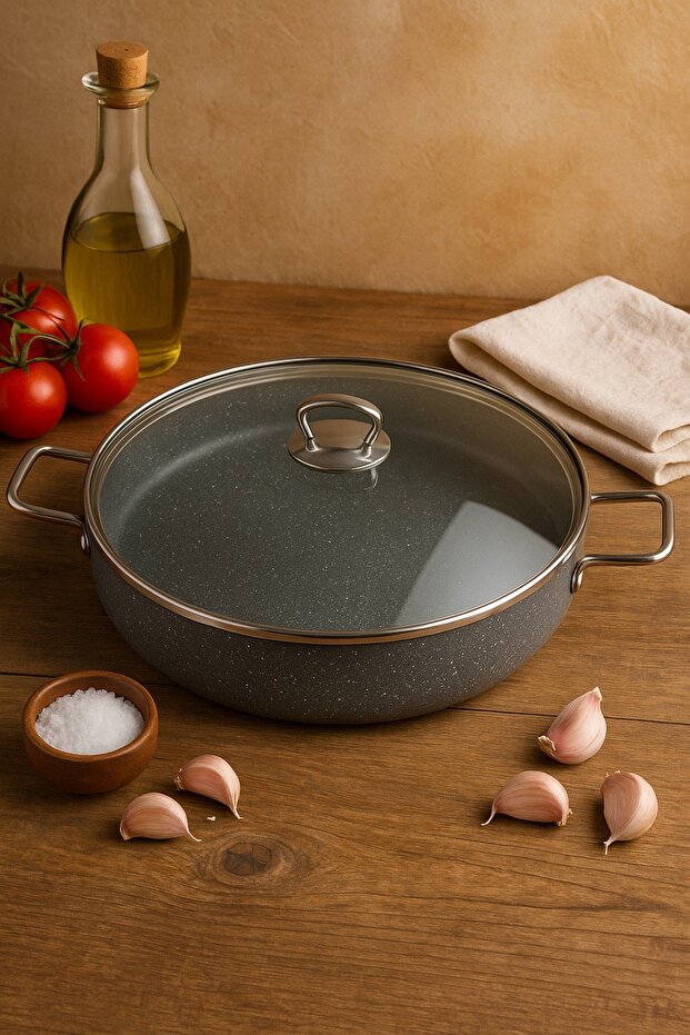 KAMPANYALI Mega Boy Granit 34 Cm Basık Tencere | Yapışmaz Yanmaz Geniş ...