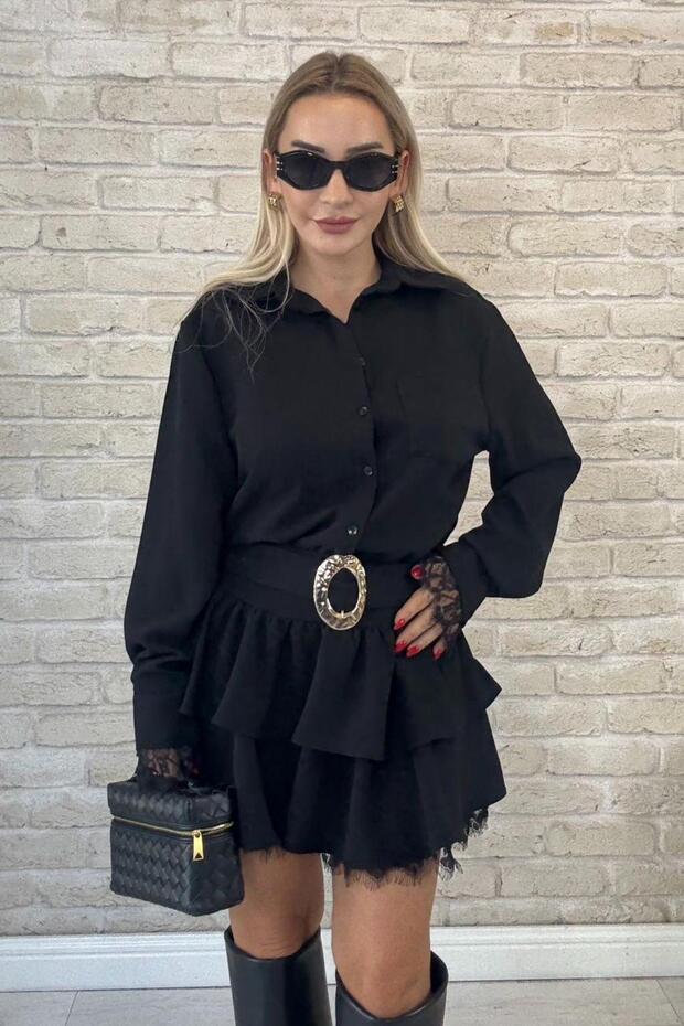 Muna Boutique Siyah Kendinden Kemerli Etek Fırfırlı Kadın Mini Elbise ...