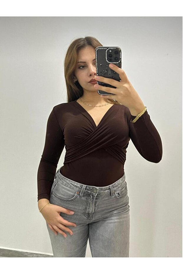 peri tower YENİ ÜRÜN Kadın Önü Çapraz Detay V Yaka Sandy Kumaş Uzun ...